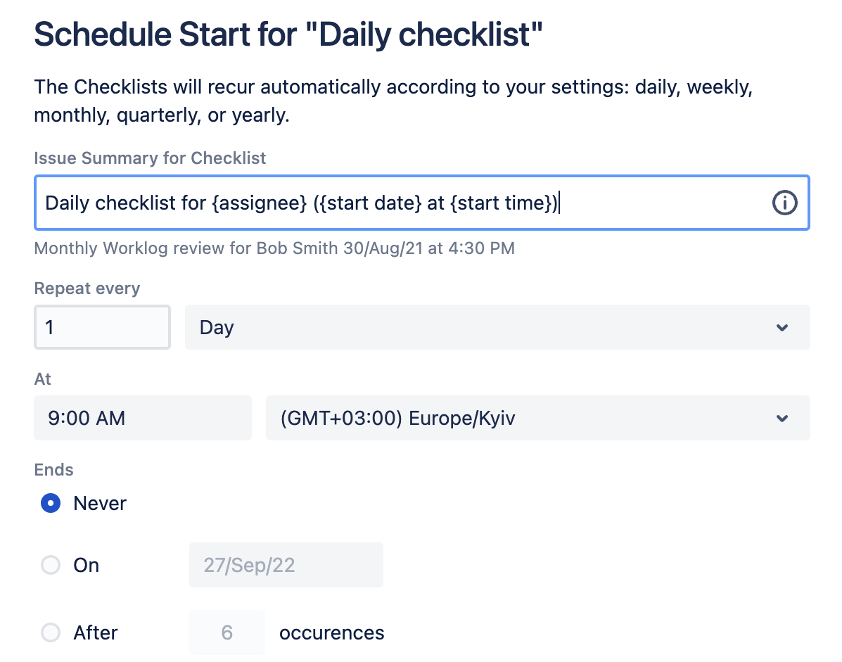 Set issue summary template for recurring checklists